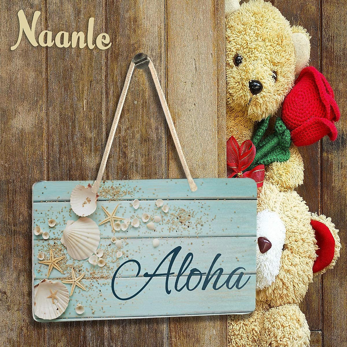 Naanle Aloha Door Sign Plaque with Rope, Wooden Seashell Hanging Sign Wall Art for Entrance Porch Front Home Garden Office Business Outdoor Decor 6 x 11 inches