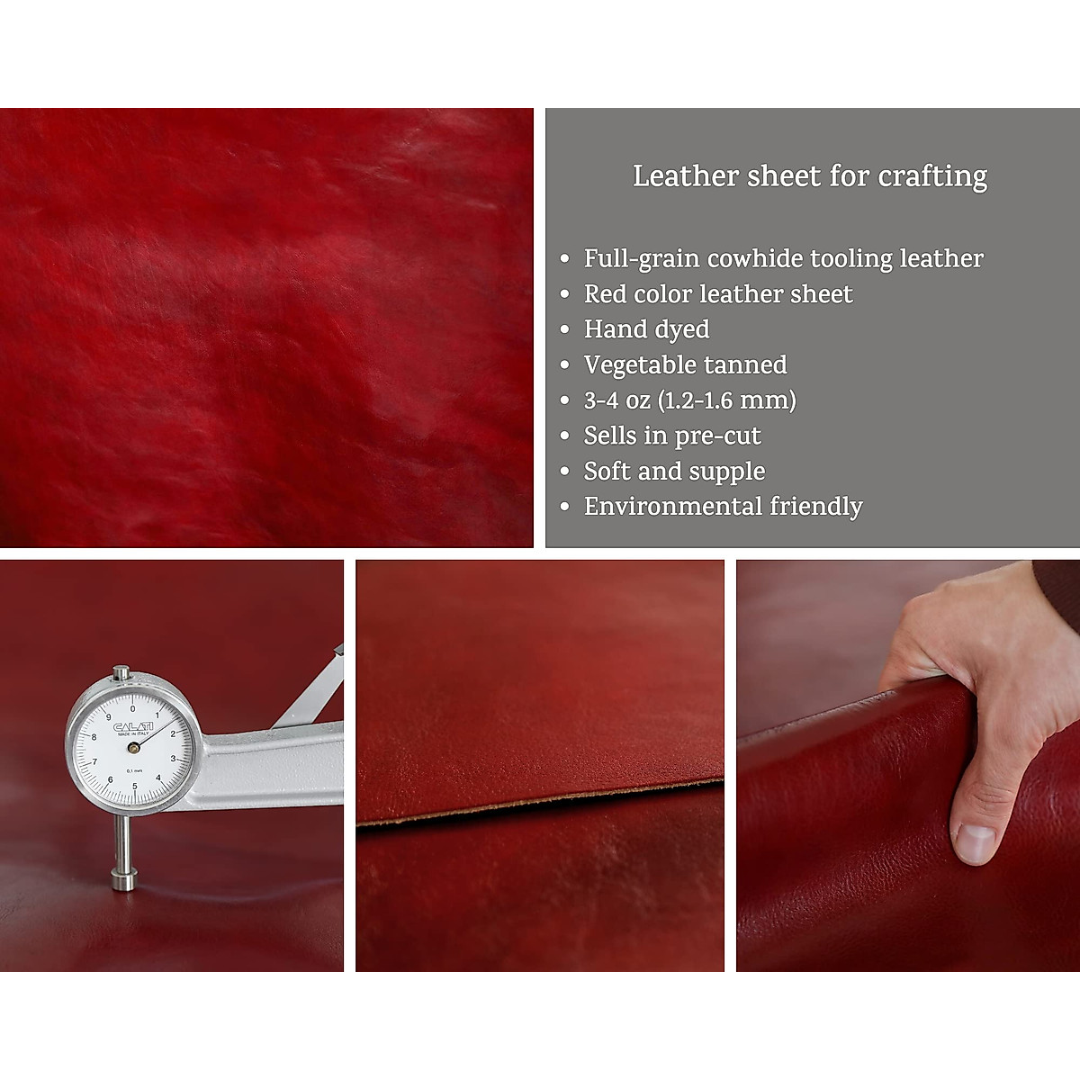 Full Grain Vegetable Tanned Tooling Leather Square 1.2-1.6mm (3-4oz) Thick Pre-Cut Cowhide Leather Sheet for Leather Crafting (6 x 12 in, Red)