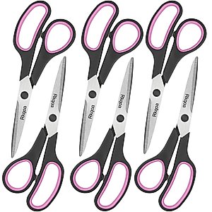 Black-Pink Scissors Set, Rkqoa 8" Scissors All Purpose 6 Pack - Comfort-Grip Sharp Scissors for Office School Sewing Craft Supplies, Classroom Must have, Teacher/Class Scissor, Right/Left Handles