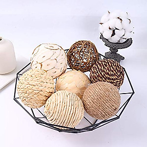 idyllic Decorative Balls for Bowls Natural Wicker 3 Inches Rattan Woven Twig Orbs, String and Cotton Balls Spherical Vase Fillers for Centerpieces - Bag of 8 Brown and White
