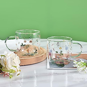 Koythin Flowers Coffee Glass Mug, Cute Espresso Cup, Drinking Glasses Breakfast Cups with Handle, 12oz Perfect for Coffee Juice Tea Latte Cappuccino (Green Leaf Pink Flower)