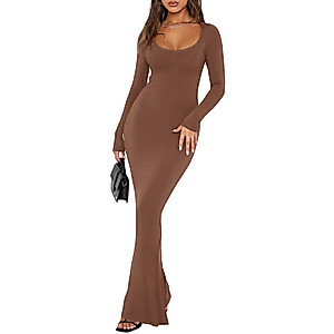 REORIA Womens Sexy Casual Scoop Square Neck Long Sleeve Soft Lounge Long Dress Fall Wedding Guest Elegant Ribbed Bodycon Maxi Dresses Coffee X-Small