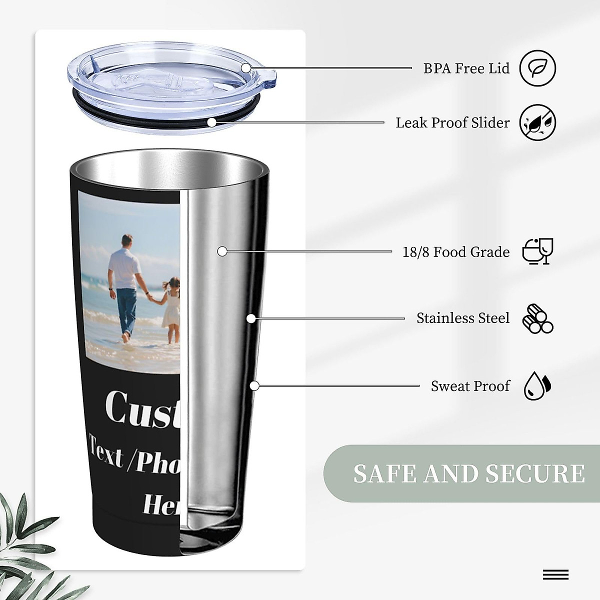 Personalized Tumbler with Text Logo Photo Custom Coffee Mug Vacuum Insulated Personalized Cups with Lid and Straw for Men Women Coffee Home 20oz Personalized Birthday Gift