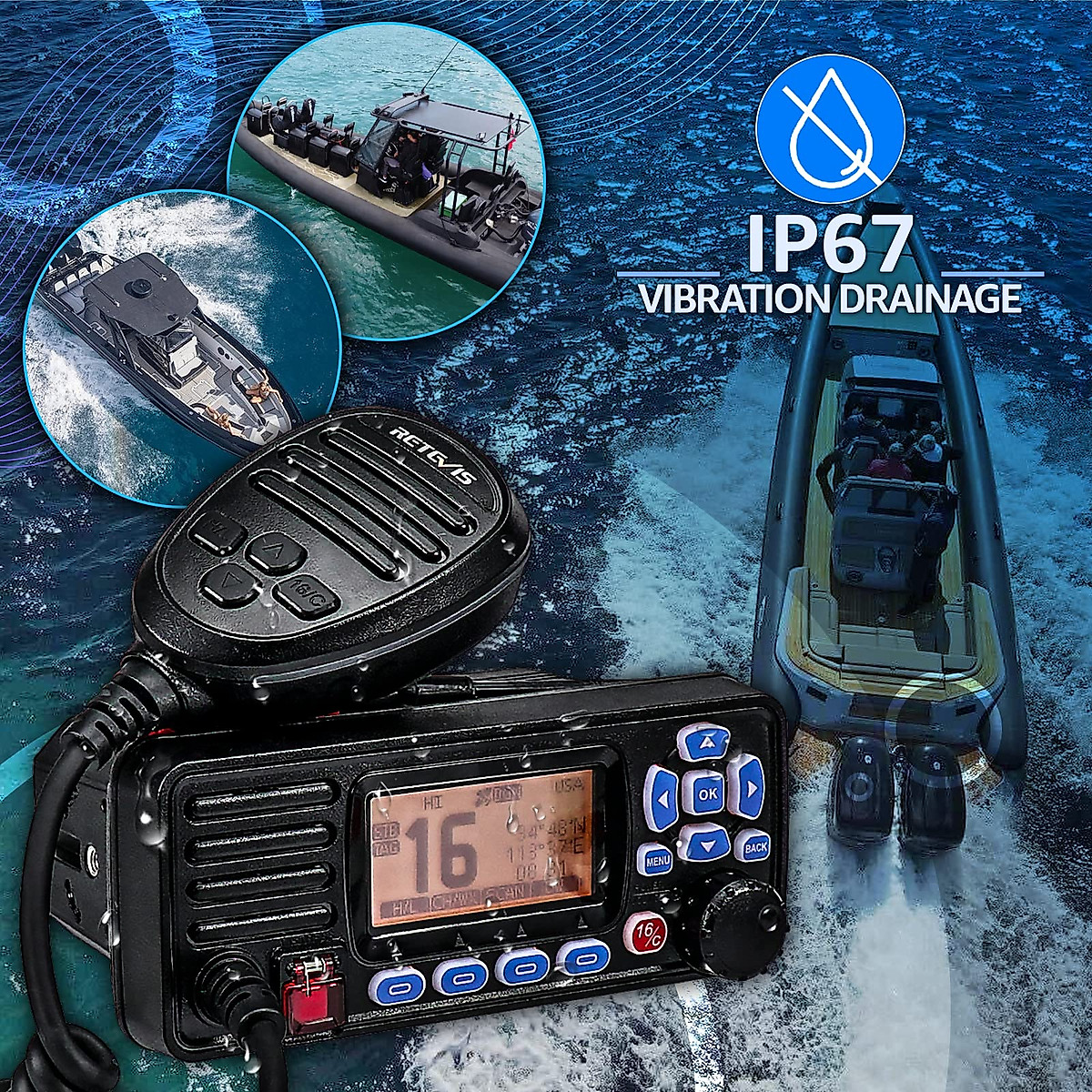 Retevis RA27 Fixed Mount Marine Radio with GPS,Waterproof IP67,Triple Watch,DSC,Emergency NOAA Weather,All USA/International/Canadian Marine Channels,Ship to Shore Radio for Boats,Black