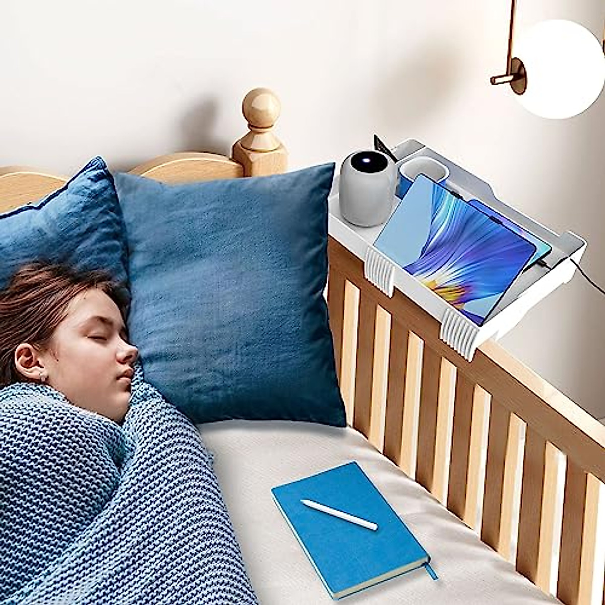 JUMEIHUI Folding Bedside Shelf for Bed College Dorm,Bunk Bed Shelf for Top Bunk,Bed Shelf Organizer with Cup Holder,Bed Accessories,Bedside Organizer for Phones,Kindle,Book,Remote,CPAP(White)