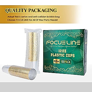 FOCUSLINE 100 Pack 12 oz Gold Rimmed Plastic Cups, 12 Ounce Clear Tumblers, Heavy-duty & Fancy Disposable Hard Plastic Cups with Gold Rim for Wedding Elegant Party