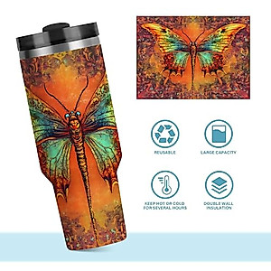 Flradish 30oz Tumbler with Handle, Dragonfly Totem Stainless Steel Tumbler with Lid and Straws Double Wall Vacuum Insulated Leakproof Coffee Travel Mug