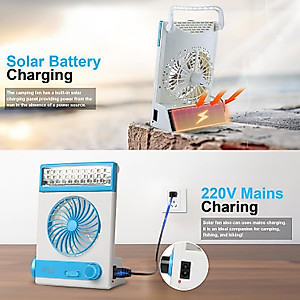 Ansee Solar Fan Camping Fan Cooling Table Fans 3 in 1 Multi-Function with Eye-Care LED Table Lamp Flashlight Torch Solar Panel Adaptor Plug for Home Use Camping (Blue)