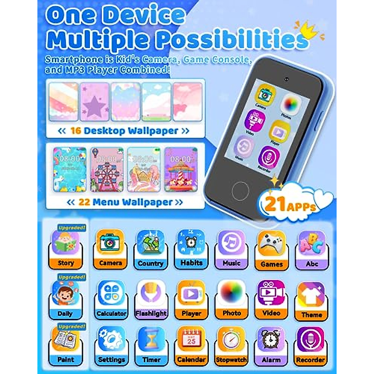 DUDUDRAGON Kids Smart Phone Toy for Boys 3 4 5 6 Year Old, MP3 Music Player, Dual Camera Travel Toys Educational Games, Toddler Birthday Gifts Touchscreen Pretend Play Phones for 3-8 Year Old，Blue