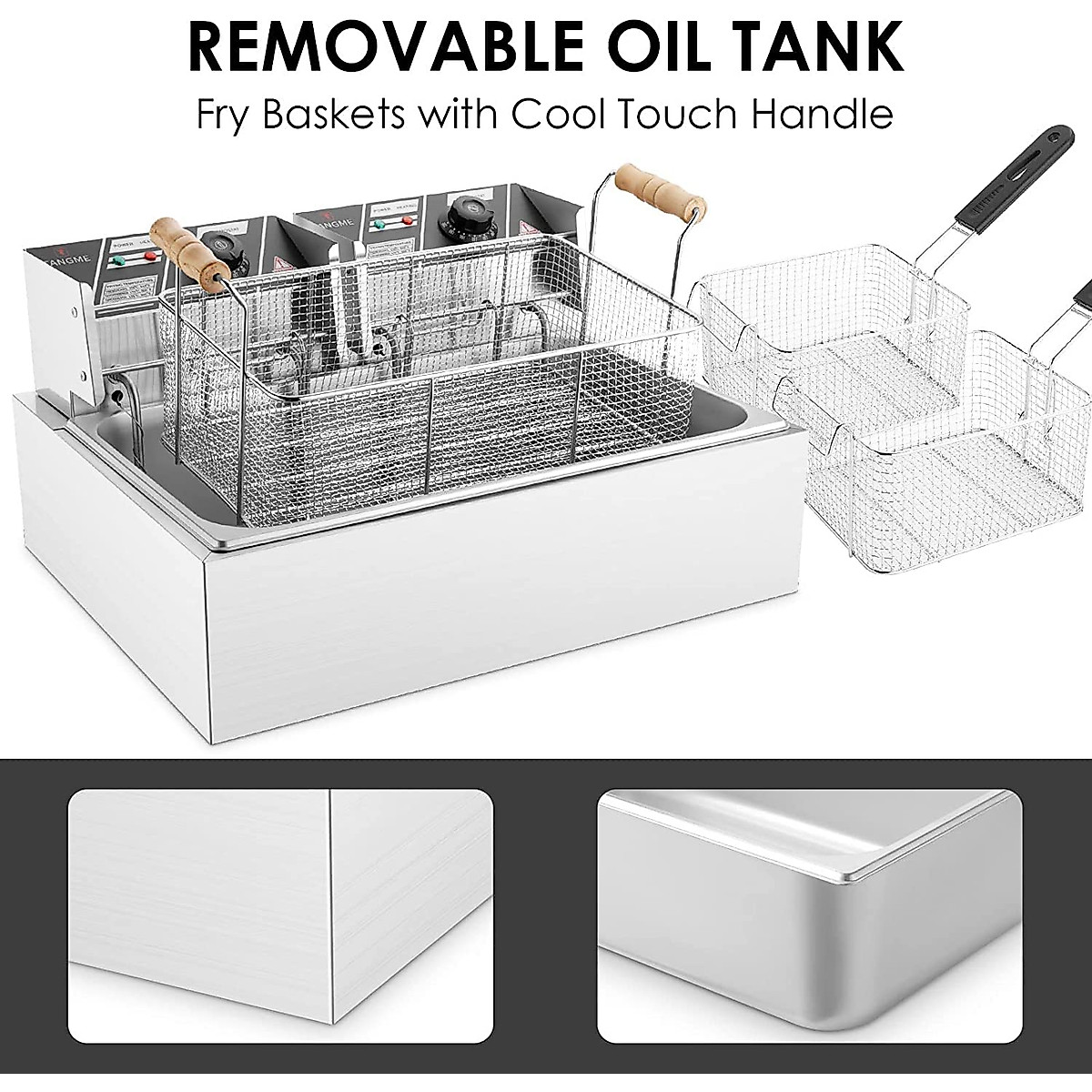 TANGME Commercial Deep Fryer, 3400w Electric Turkey Fryer with 3-Baskets, 22L/23.25Qt 1mm Thickened Stainless Steel Countertop Single Oil Fryer with Temperature Limiter for Restaurant
