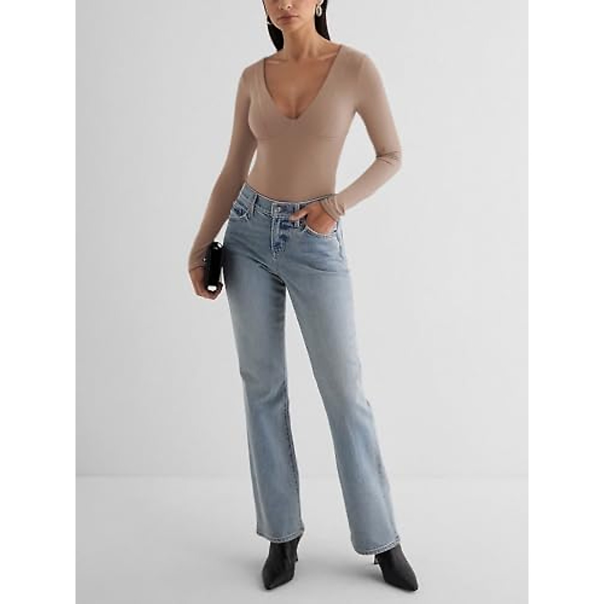 Adreamly Women's Sexy Deep V-Neck Double Lined Body Suit Tops Long Sleeve Slim Fit Lightweight Thong Bodysuits Khaki Small