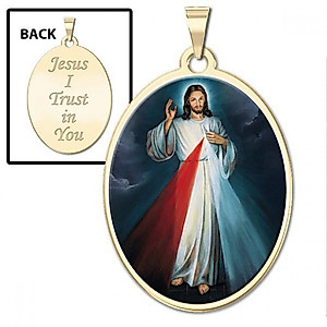 PicturesOnGold.com Divine Mercy Double Sided Oval Religious Medal Color 2/3 X 3/4 Inch Size of Nickel, Sterling Silver