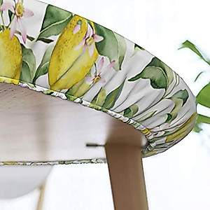 Lemon Round Fitted Table Cover Washable Reusable Elastic Edge Table Cloth for Patio Indoor Outdoor Kitchen Party Use