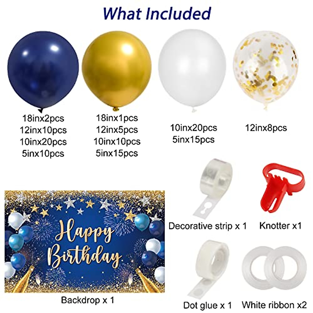 Rubfac Navy Blue Birthday Decorations 120pcs Navy Blue and Gold Balloon Garland with Happy Birthday Backdrop Banner Birthday Photo Backdrop Background for Birthday Party Decoration Supplies