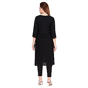 ladyline Womens Rayon Slub Embroidered Kurti Tunic Kurta Slits Embroidery (Black-44)
