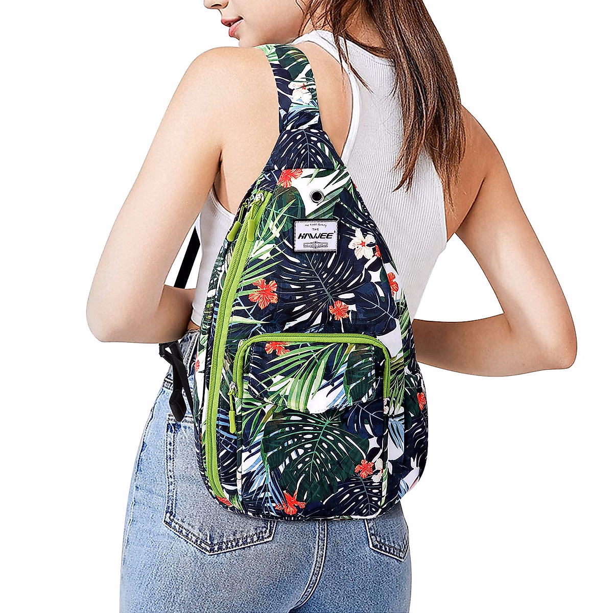 HAWEE Rope Sling Bag for Women Men Casual Cross Body Daypack Backpack Adjustable Strap with Side Pocket Anti-theft for Travel/Sport, Green Leaf