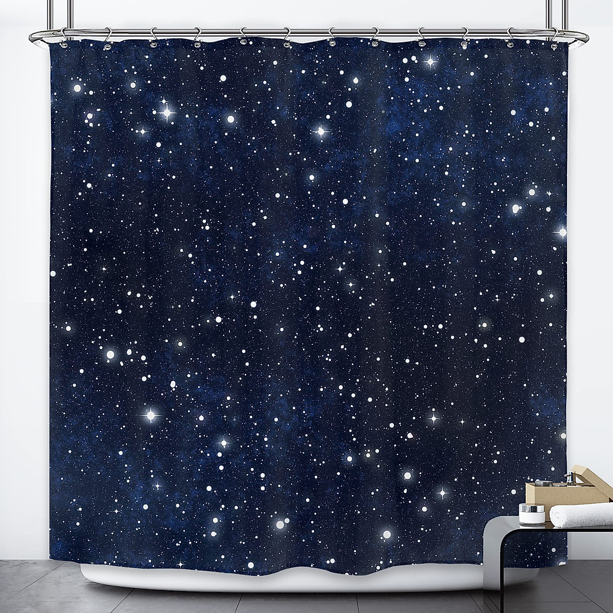 Riyidecor Night Sky Space Shower Curtain (No Glitter) Star Bathroom Decor 72Wx72H Inch Backdrop Dark Blue Cosmic Starry Fantasy Galaxy Universe Outer Space Fabric Waterproof 12 Plastic HooksRY-KKCQ