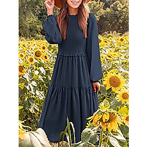 LOGENE Womens Long Sleeve Boho Smocked Midi Dress Casual Tiered Dress with Pockets 575-zanglan-S Navy Blue