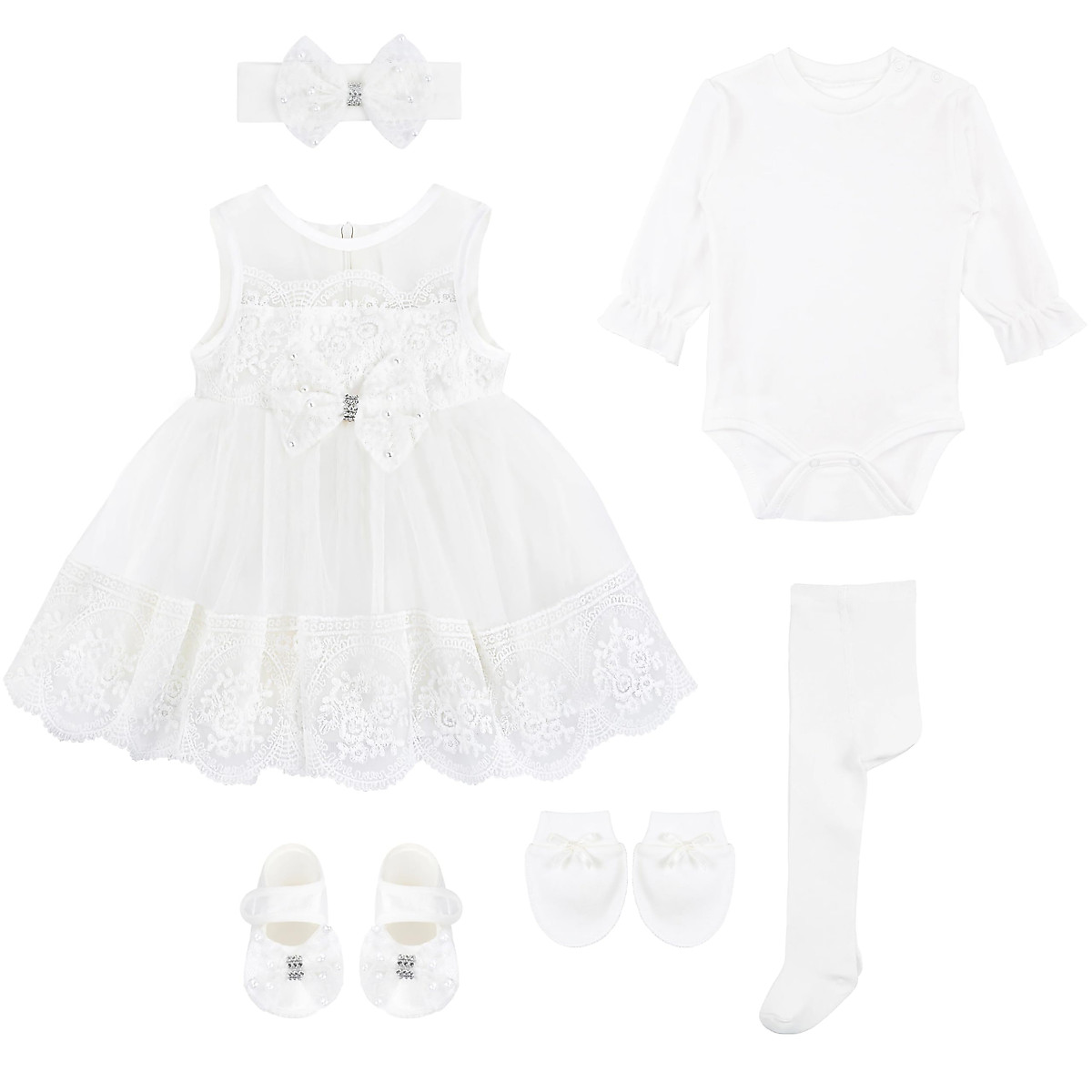 Taffy Baby Girl Christening Baptism Embroidered Dress Gown 6 Piece Deluxe Set 0-3 Months, White