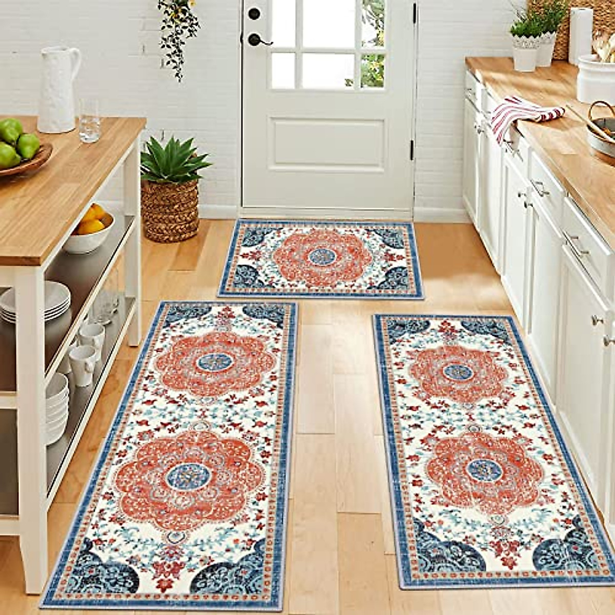 Ileading Boho Kitchen Rugs Sets 3 Piece with Runner Non Slip Kitchen Mats for Floor Washable Bohemian Runner Rug Kitchen Floor Mat Carpet for Hallway Laundry Room Door Office Sink