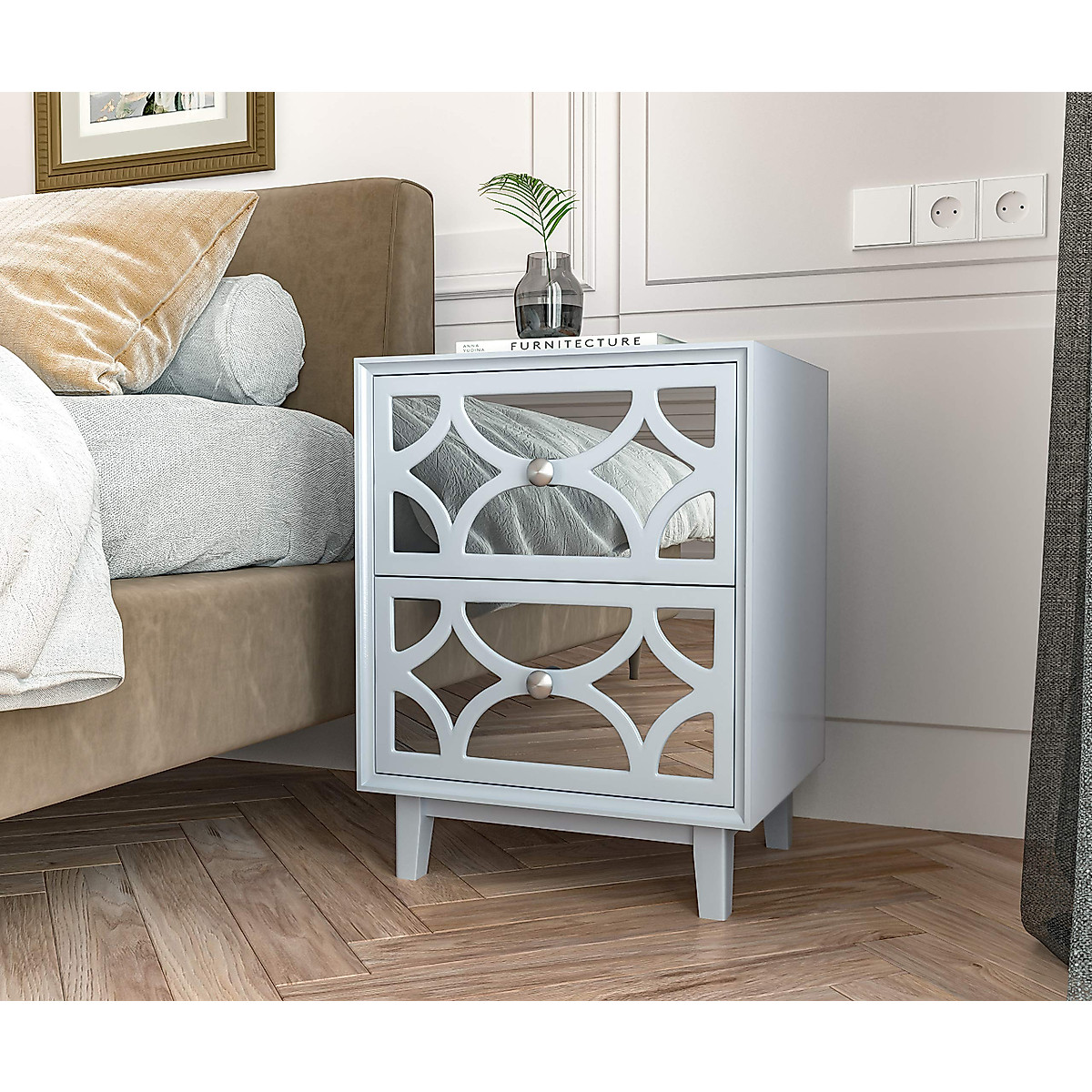 COZAYH Modern Contemporary 2-Drawer Nightstand, Accent Front Mirror Nightstand, for Small Spaces, Bedroom, Light Gray