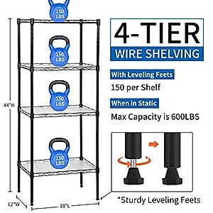 YRLLENSDAN Adjustable Height Wire Shelving with Shelf Liners, 4 Tier Metal Storage Shelves 600lbs Loading Capacity Shelving Units and Storage for Kitchen and Closet (18W x 12D x 44H), Black