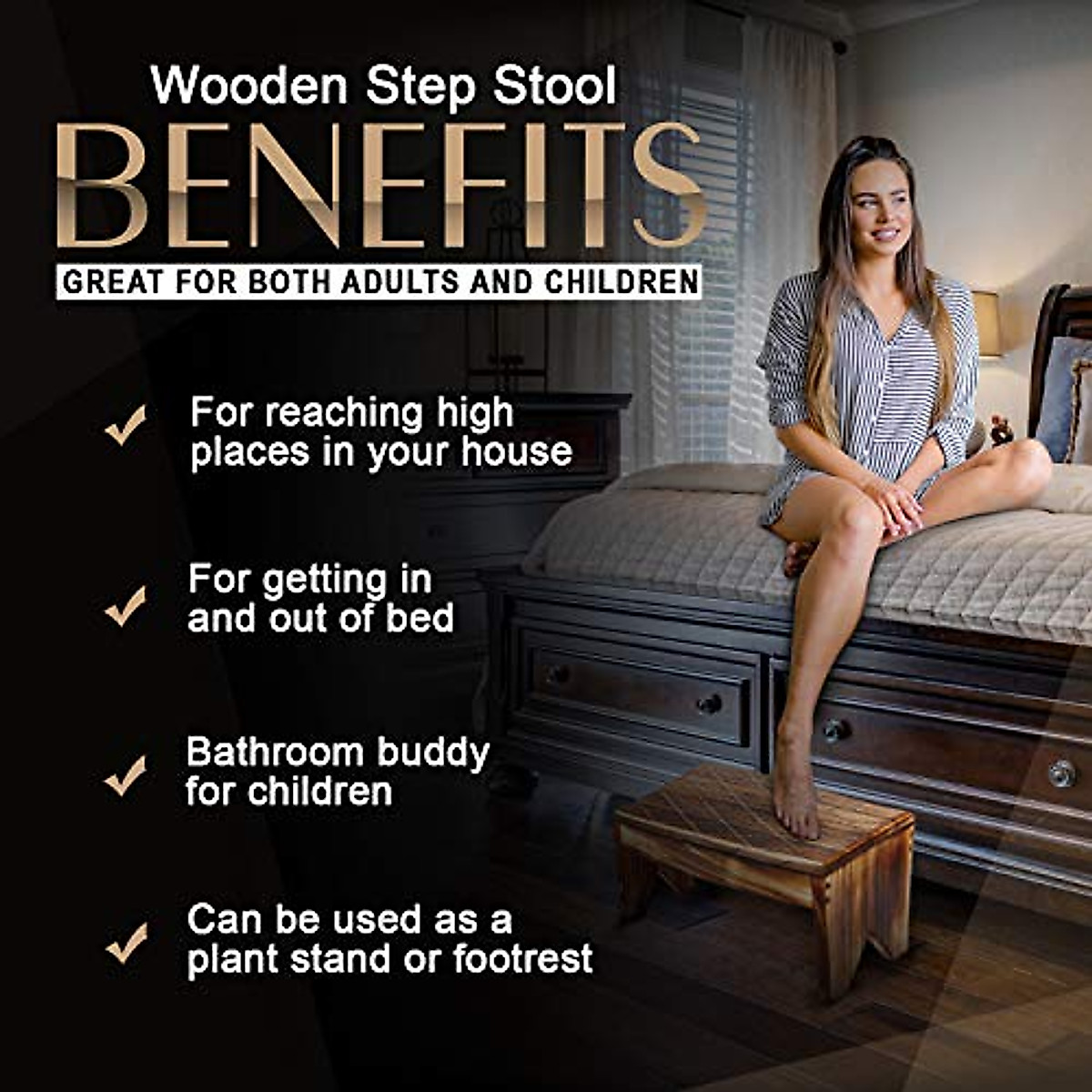 Adult Wooden Step Stool - Very Sturdy Adult Step Stool, Kitchen Step Stool, Bed Stool for High Beds，Great Wood Step Stool for Adults，Lightweight, Quality Eco Pine，Attractive & Easy Assemble 9 X 8 X 19