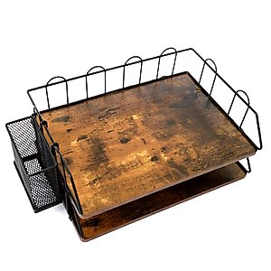 Desk Organizers, File Organizer for Desk, Wood Paper Letter Tray Organizer Stackable for School, Home, Office Supplies with Pen Holder (2 Layer)