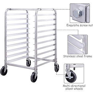 CHEFJOY 10 Sheet Aluminum Kitchen Bun Pan Sheet Rack w/Wheels 2 Lockable Home Commercial Use Bakery Cooling Rack Open Shelf