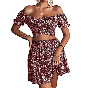 LYANER Women's 2 Piece Outfits Floral Off Shoulder Tie Up Crop Top and Mini Skirt Set Wine Red Floral Small