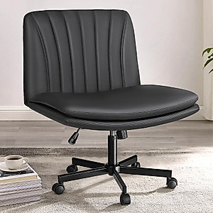 PUKAMI Criss Cross Legged Chair with Wheels,Comfy Armless Office Desk Chair,PU Leather Swivel Modern Makeup Vanity Chair,Height Adjustable Wide Seat Computer Task Chair for Home Office(Grey)
