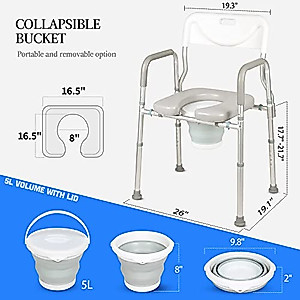 4-in-1 Raised Toilet Seat with Handles and Backrest, Bedside Commode Chair with 5L Collapsible Bucket, 330lbs Stand Alone Raised Toilet Seat, Toilet Safety Frame for Elderly, Pregnant, Disabled