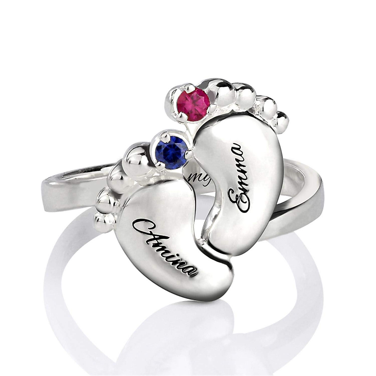 Getname Necklace Womens Pesonalized Name Rings Custom Engraved Baby Feet with 2 Birthstone 2 Name Ring for Mom Silver 9.5