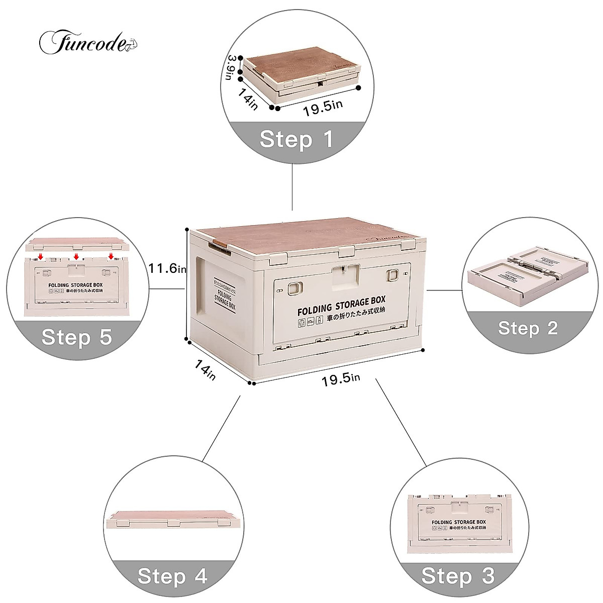 Funcode folding storage box with Wooden cover,for camping,car storage, home sorting. (khaki-2pack)