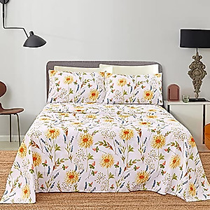 JSD 6 Piece Yellow Floral Print Sheet Set Queen Size, Soft Botanical Microfiber Sheets and Pillowcases Deep Pocket