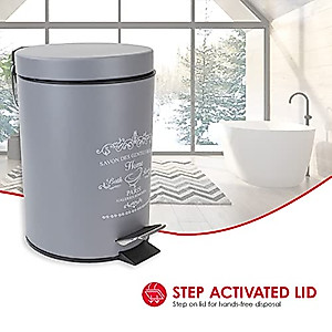 Home Basics Paris Collection Bathroom Accessories, Office, Bedroom, Decorative Waste Basket With Stylish Accent Decor To Complement Any Bathroom, 3 Liter Waste Bin, Grey