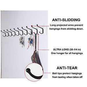 Dseap Coat Rack Wall Mounted: 10-Hooks, 16" Hole to Hole, 38-1/4" Long, Wood Coat Hooks Wall Mounted, Hook Rack, Hook Rail, Hooks for Hanging Coats, White & Black