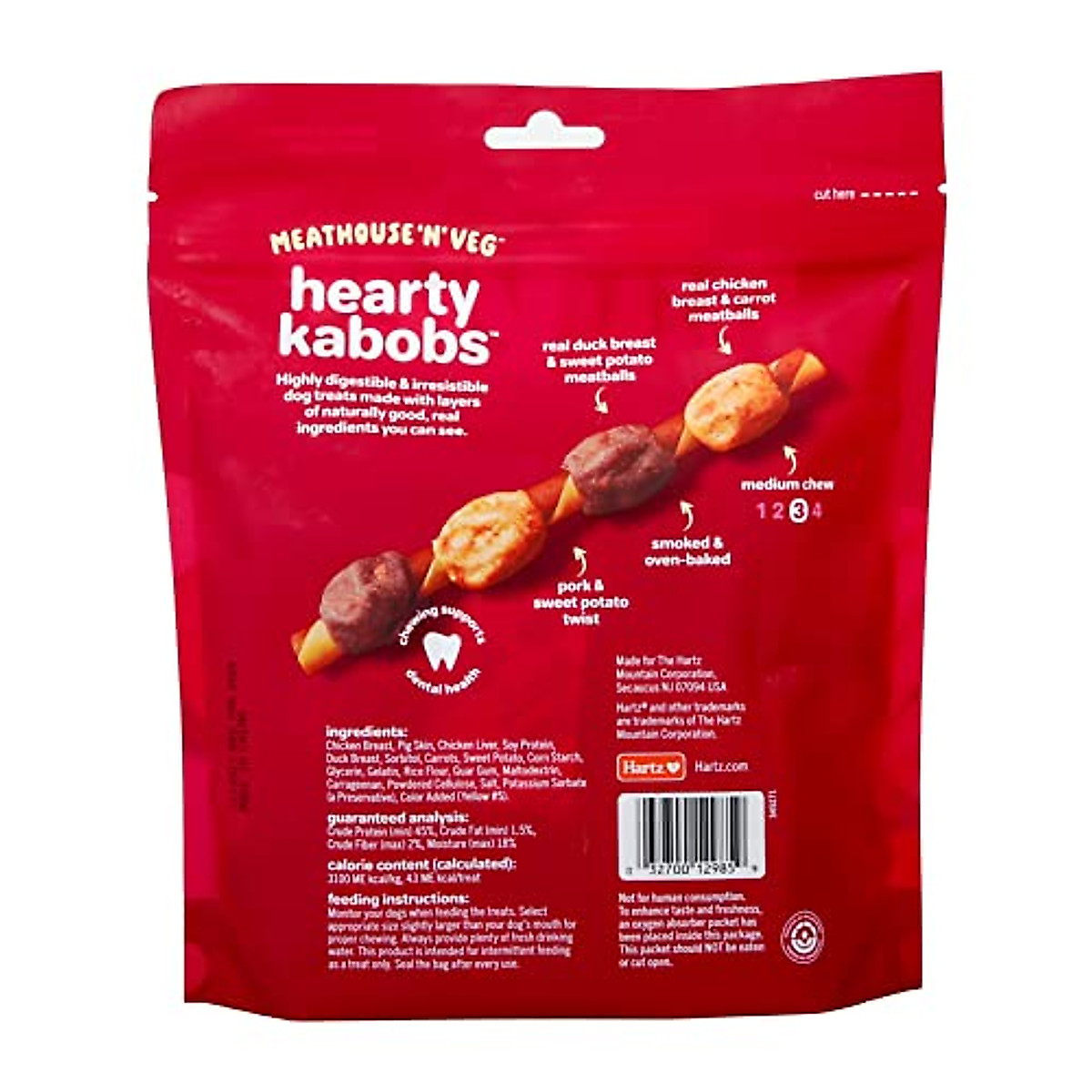 Hartz Oinkies Meathouse'n'Veg Hearty Kabobs Dog Treats with Real Chicken, Duck, Carrots, and Sweet Potato, Long-Lasting Yet Highly Digestible, 18 Count