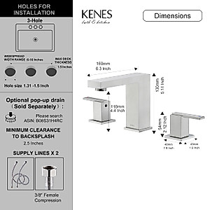 KENES 2 Handle Widespread Bathroom Faucet Brushed Nickel, Bathroom Sink Faucet 3 Hole Vanity Faucet with Lead-Free Supply Hose, KE-9050