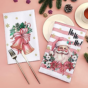 Preboun 6 Pcs Christmas Kitchen Towels Santa Reindeer Stripe Dish Towels Christmas Hand Towels Pink Farmhouse Tea Towels for Xmas Kitchen Bathroom Decor