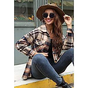 Women Classic Flannel Plaid Jacket Button Down Boyfriend Long Sleeve Lapel Shirts Casual Blouses Tops (Orange, Medium)