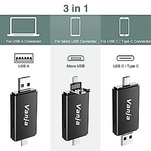 Vanja 3-in-1 SD Card Reader USB-C/USB-A/Micro USB Portable Memory Card Reader Trail Camera SD Card Adapter for SD, SDXC, SDHC, MMC, RS-MMC, Micro SD, Micro SDXC, Micro SDHC and UHS-I Cards