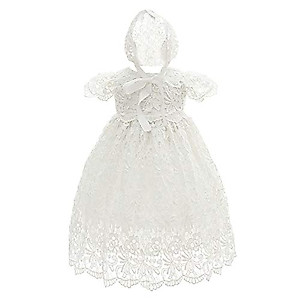 Bow Dream Baby Girls 4Pcs Gown and Bonnet Christening Baptism Dress Lace Baby Dress with Shoes White 3-6 Months