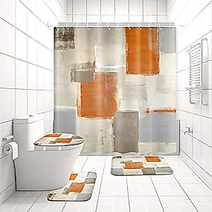 4 Pcs Shower Curtain Set,Beige and Orange Abstract Art Shower Curtain with Non-Slip Rugs,Toilet Lid Cover and Bath Mat, Bathroom Sets Decorations 72" x 72"
