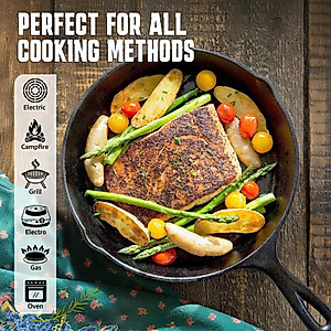 Cast Iron Skillet 3-Piece Set - Professional Pre-Seasoned Heavy-Duty Pan Cookware - 10 Inch, 8 Inch, 6 Inch Pans with Scraper & Handle Sleeve for Frying, Sautéing, Cooking, Baking