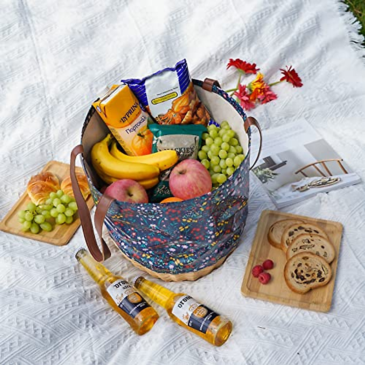 WILLOW WEAVE Portable Picnic Basket Set with Service for 2, Sturdy Woven Base & Canvas Picnic Beach Tote Bag with Drawstring Closure & Insulated Lining, for Outdoor Events, Shopping - Blue Floral