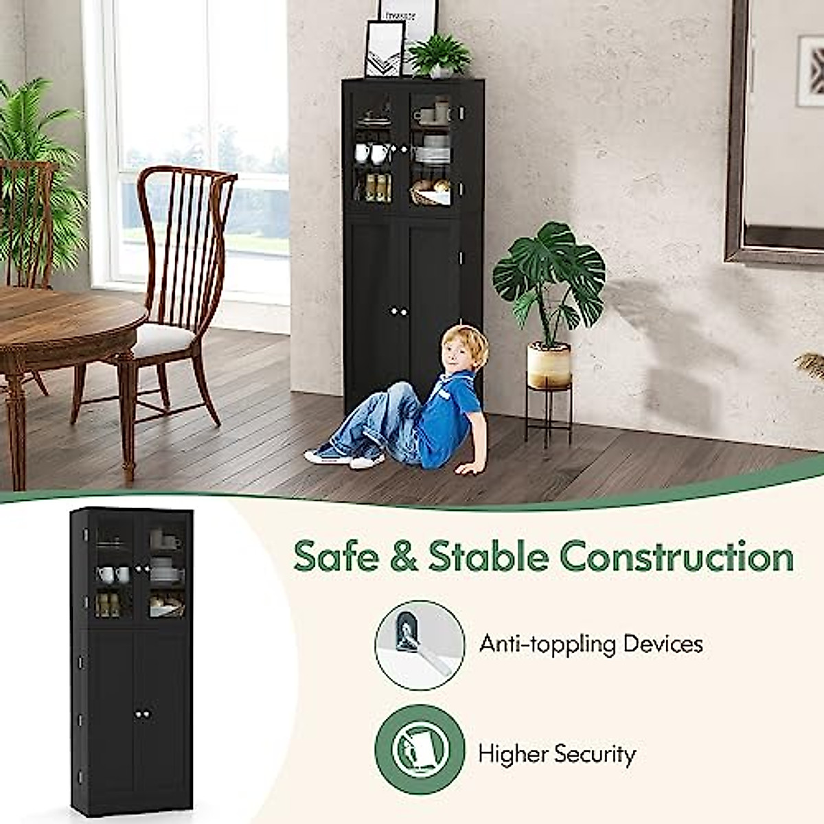 Giantex 63.5" Pantry Organizers and Storage, Freestanding Tall Storage Cabinet for Kitchen Bathroom Living Room Office, Wooden Utility Cupboard with Glass Doors & Shelves, 12.5"x24"x63.5" (Black)