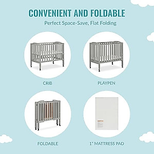 Dream On Me 2 in 1 Folding Portable Crib in Cool Grey, Greenguard Gold Certified , 40x26x38 Inch (Pack of 1)