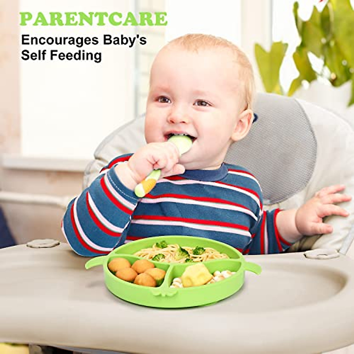 PARENTCARE Toddler Plates, Stay Put Baby Plates with Suction, Food Grade Silicone Divided Suction Plates for Toddler and Babies, Baby Led Weaning Plates, Non Slip Self Feeding Supplies for Any Surface