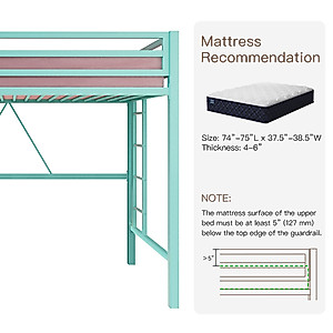ikalido Metal Loft Bed Twin Size with Safety Guardrail and Ladder, No Box Spring Needed Space Saving Bedroom Furniture, Aqua Green
